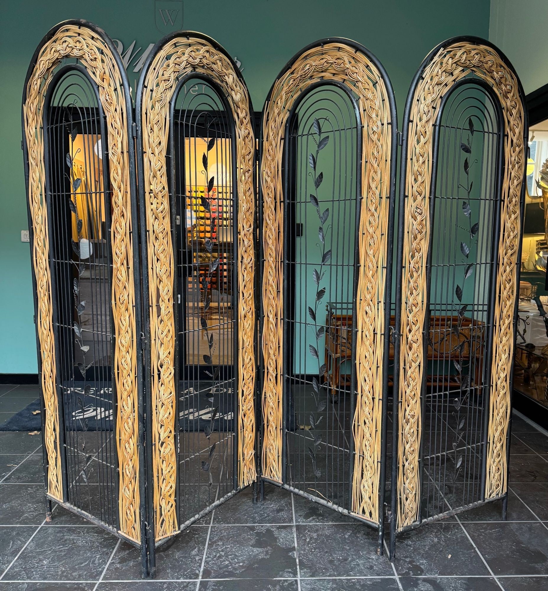 A 1970s French Woven Rattan and Metal Four Panelled Room Divider Screen ...