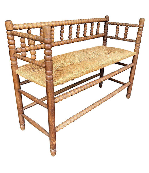 LOVELY 1890S ENGLISH OAK AND ELM BOBBIN BENCH SEAT WITH RUSH WOVEN SEA ...